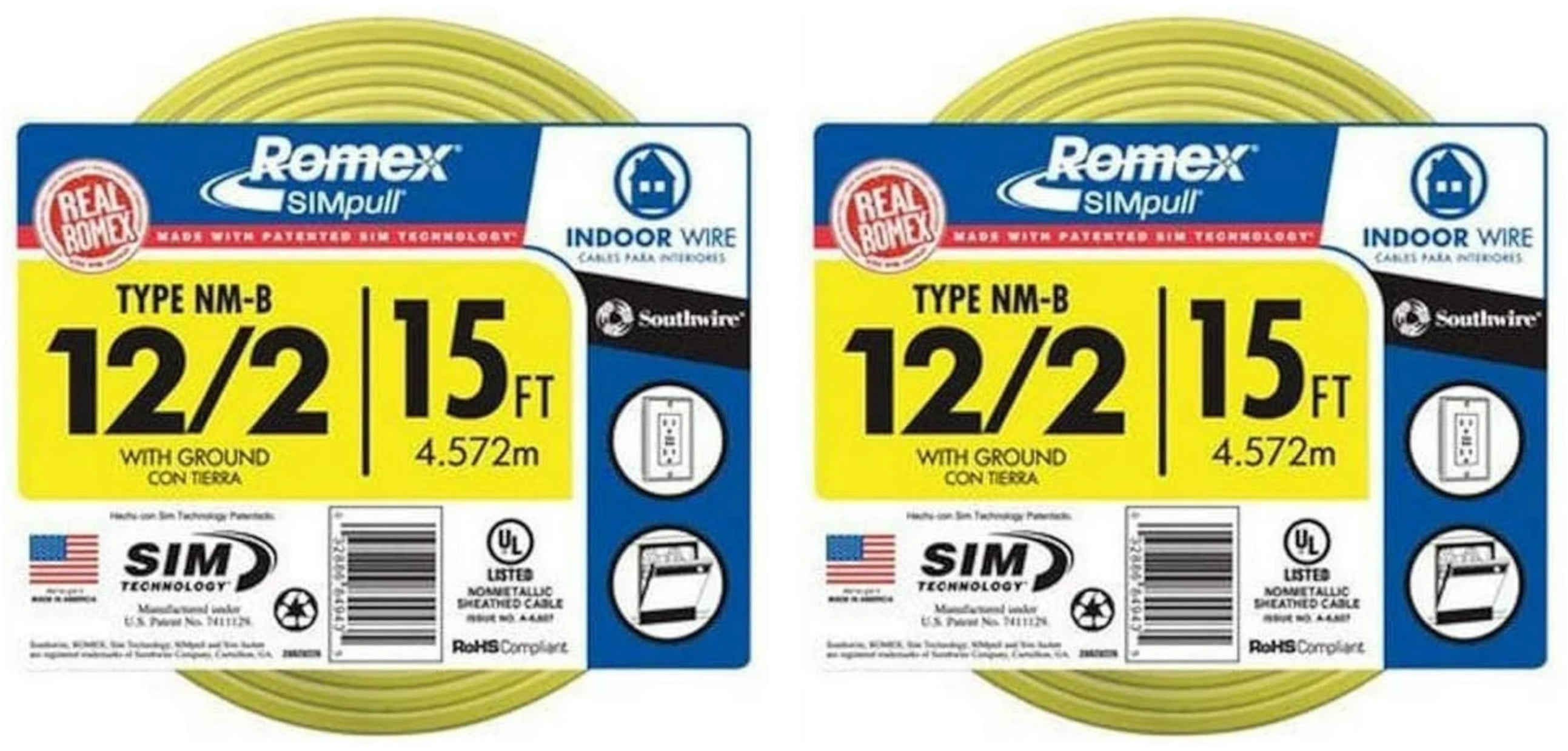 Southwire Romex Brand Simpull Solid Indoor 12/2 W/G NMB Cable 15ft Coil ...