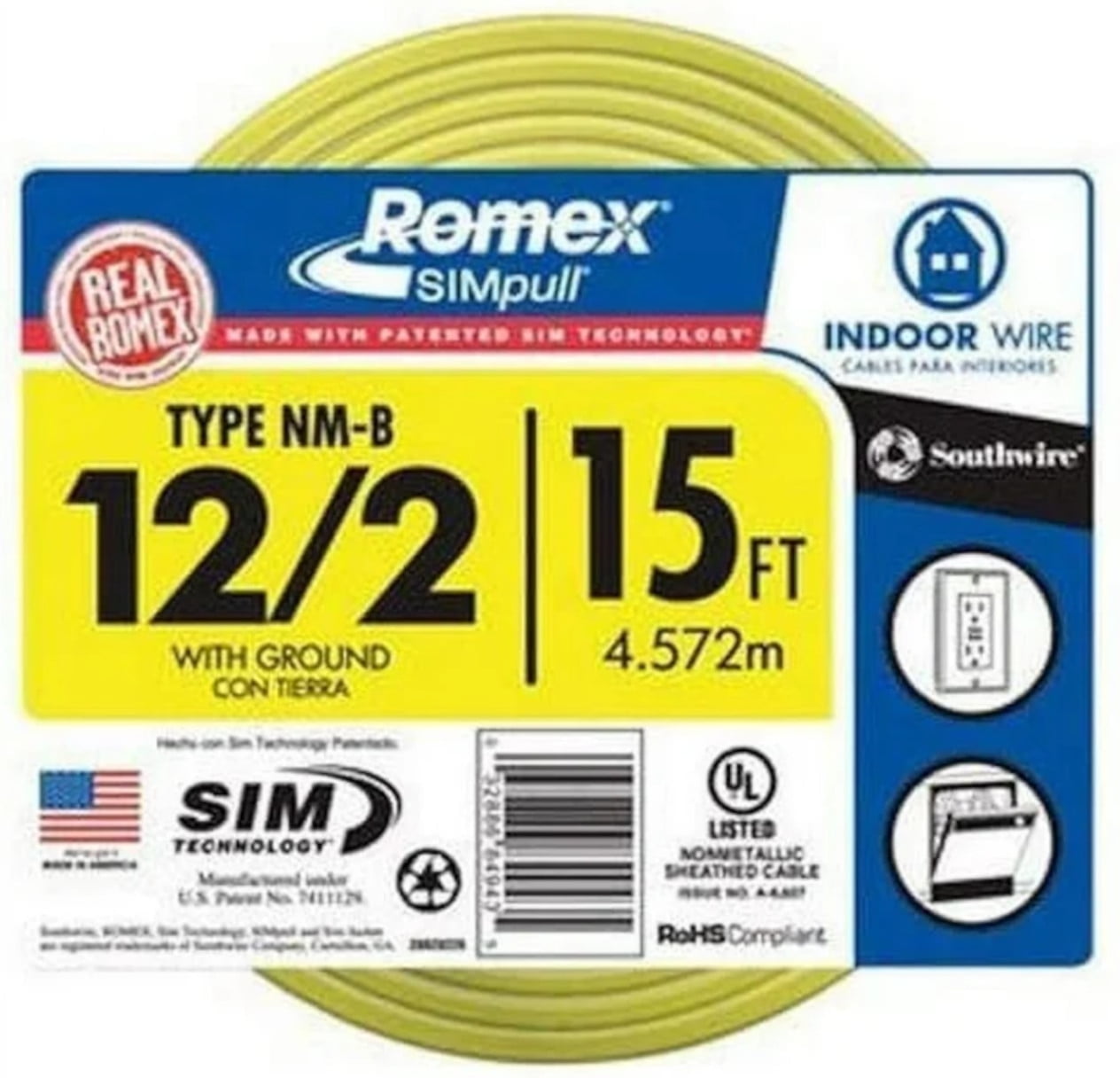 Southwire Romex SIMpull NM-B Cable, 12/2 with Ground, 15ft Coil, 600V ...