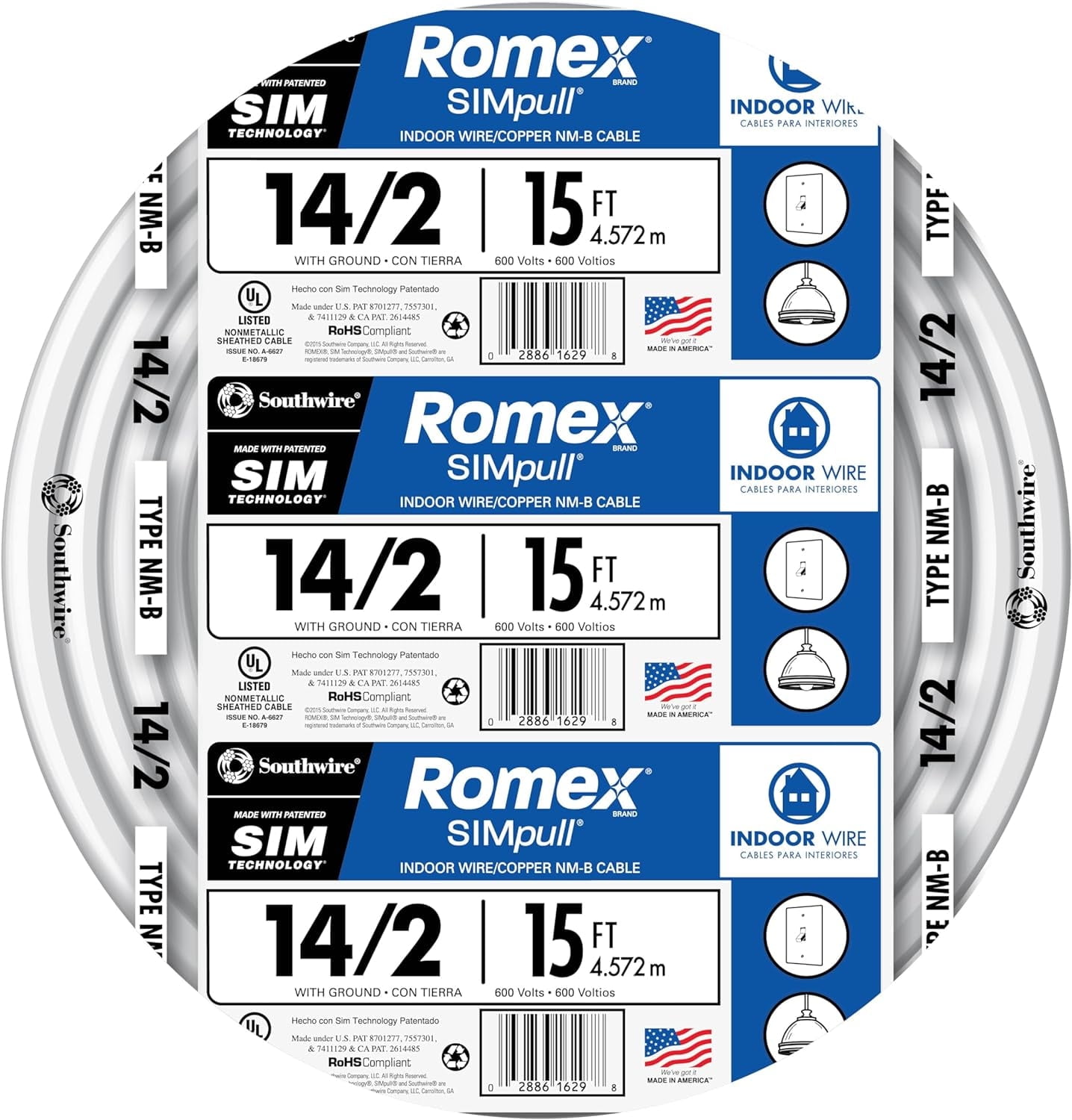 Southwire Romex Brand Simpull Solid Indoor 14/2 W/G NMB Cable 15ft coil ...