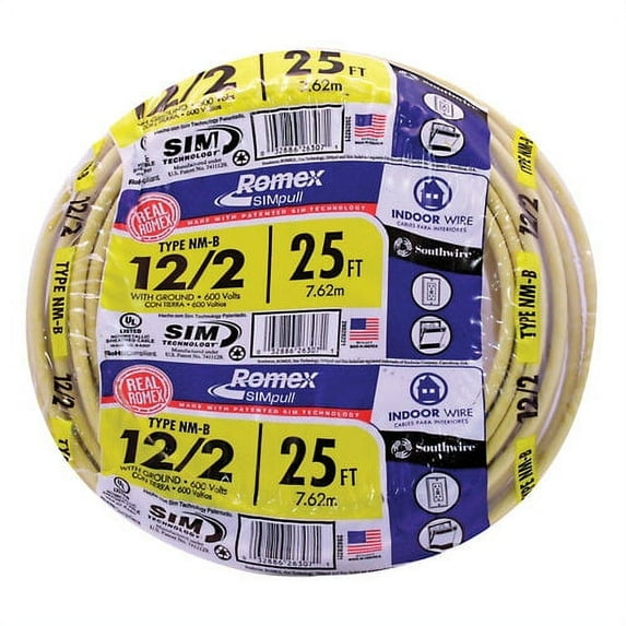 Southwire Romex SIMpull 12/2 Residential Indoor Wire, 25ft Copper, 600V ...