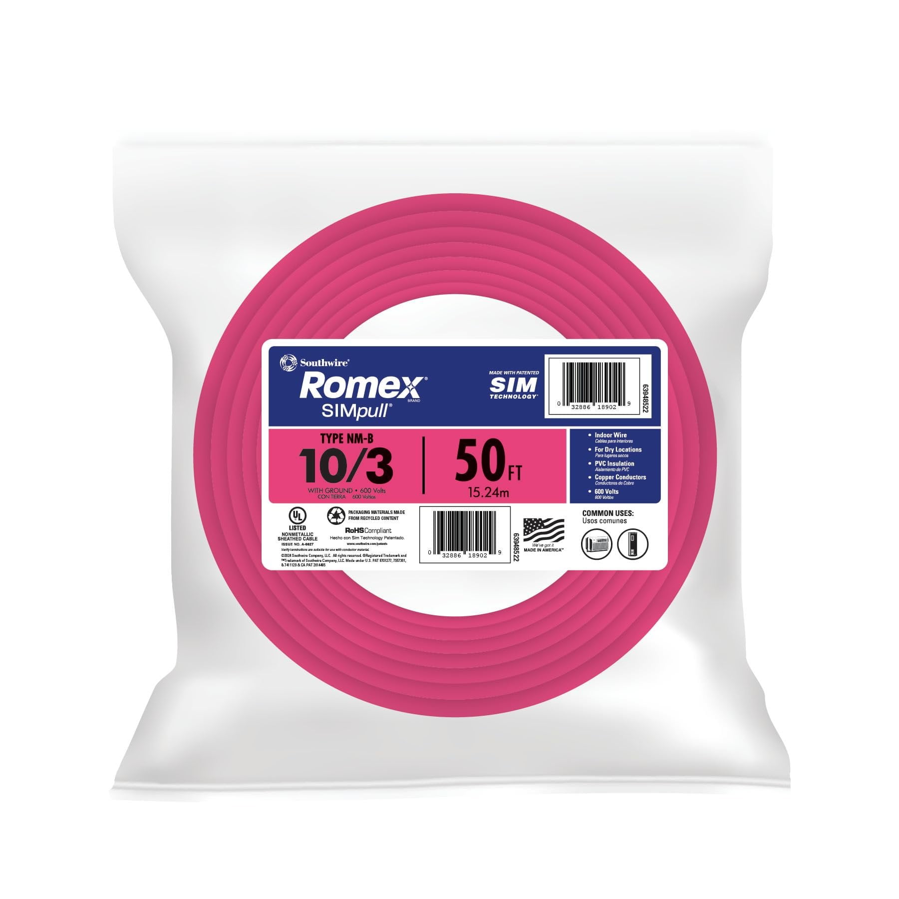 Southwire Romex SIMpull Electrical Wire 10 Gauge, 3 Conductors, 50 Ft ...