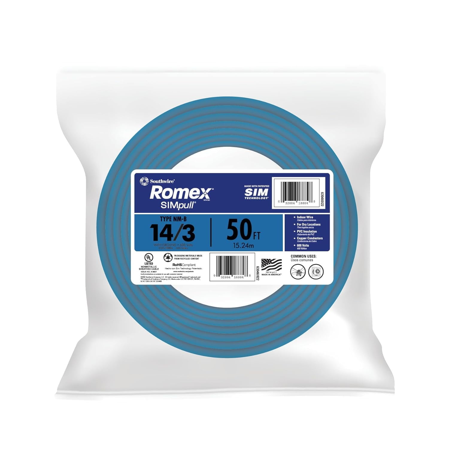 Southwire Romex SIMpull Wire, 14 Gauge, 3 Conductor, 50 Ft, W/G NM-B ...