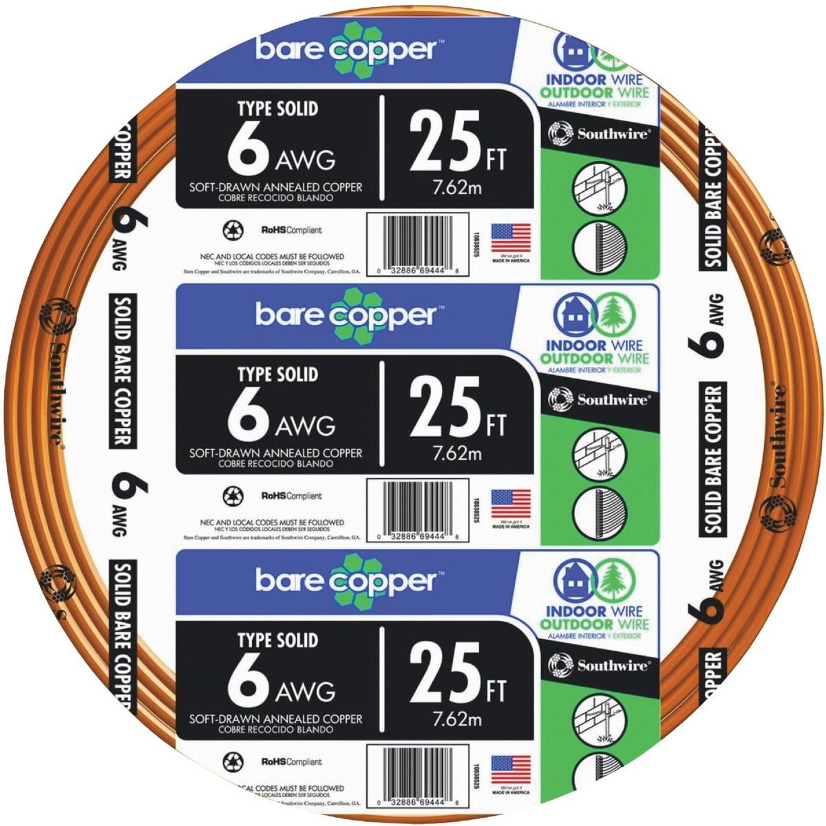 Southwire 6 AWG Solid Bare Ground Electrical Wire - Copper - 25 Ft ...