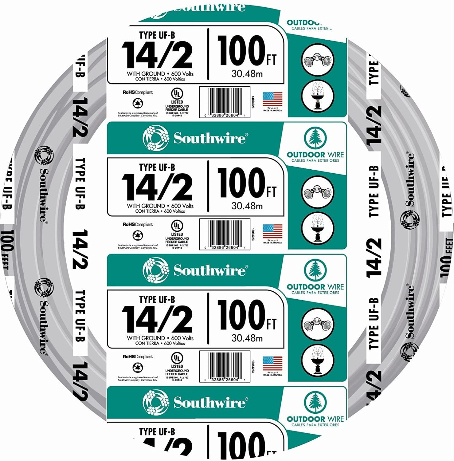 Southwire Underground Feeder Wire 14 Ga, 2 Conductor 15 Amp 600 V 90 ...