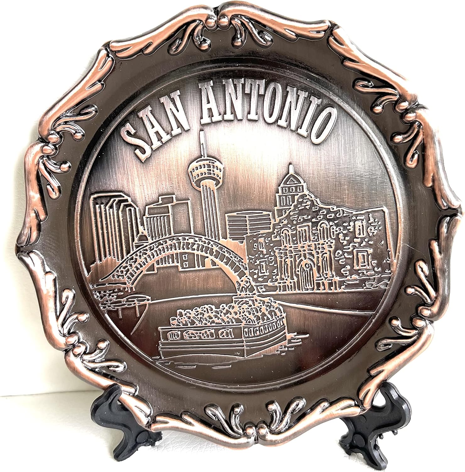 Souvenir Metal Plate with Plastic Stand - Alamo & River Walk Copper ...