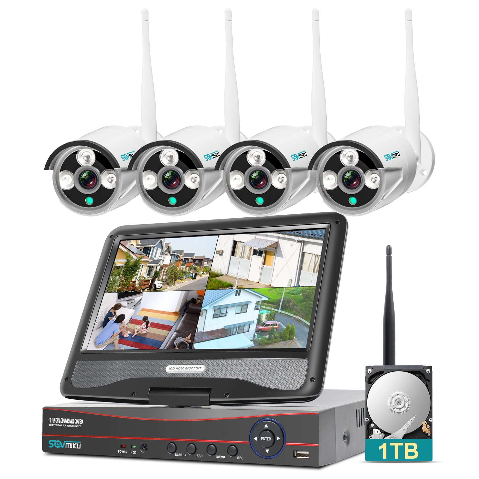 "Sovmiku 4Pcs 3MP Home Security Camera System, 10.1"" Monitor, 1TB HDD ...