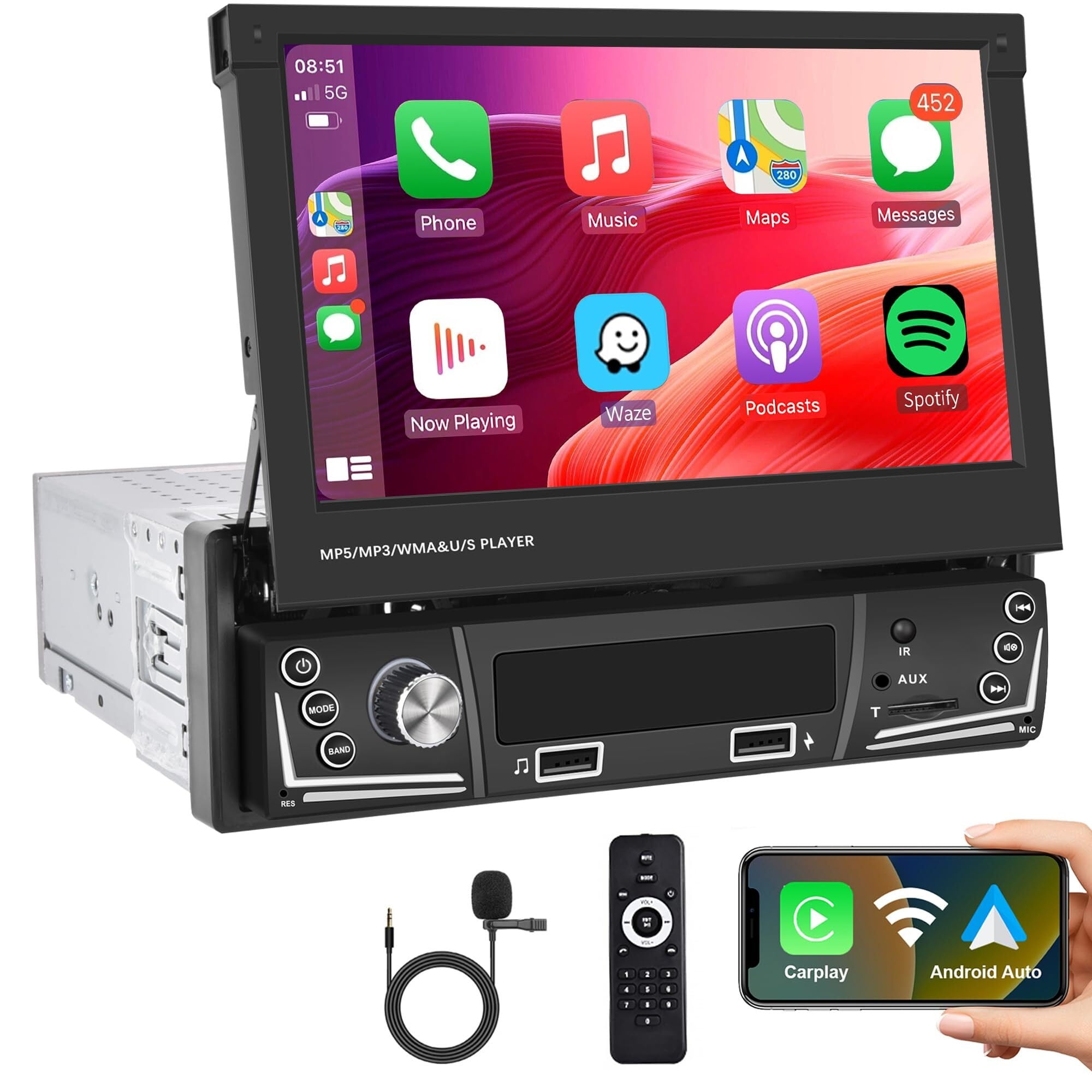 Sovob Car Stereo Single Din Wireless Carplay&Android Auto 7 Inches Flip ...