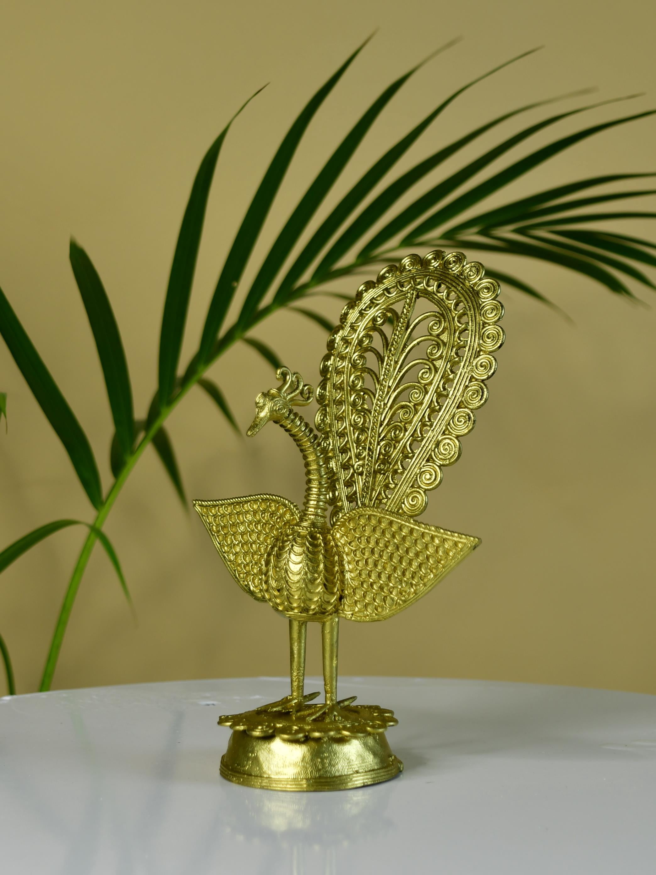 Sowpeace Golden Brass Handcrafted peacock using Dokra metal art 8 inch ...