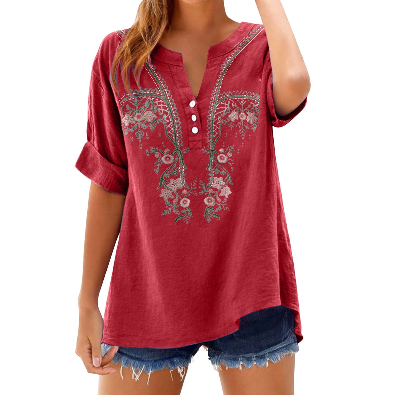 Soyumi Vintage Style Tops for Women, Short Sleeve Blouse Embroidered ...