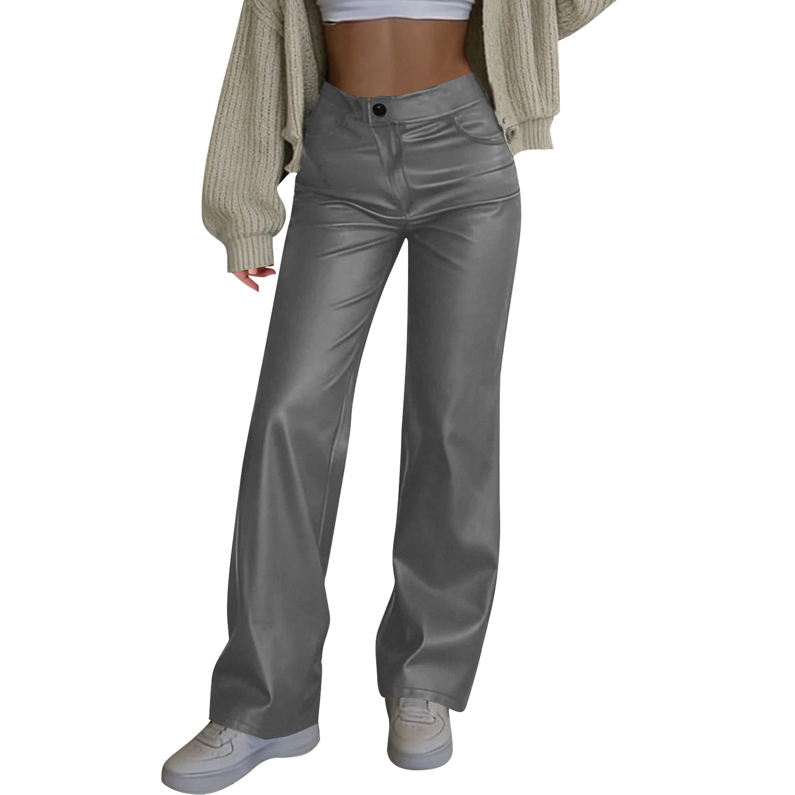 Soyumi Women's Pleather Pants, Fashion High Waisted Wide Leg Trousers ...