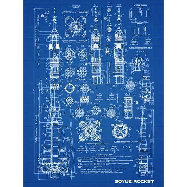 Soyuz Rocket USSR Soviet Space Blueprint Plan Extra Large XL Wall Art ...