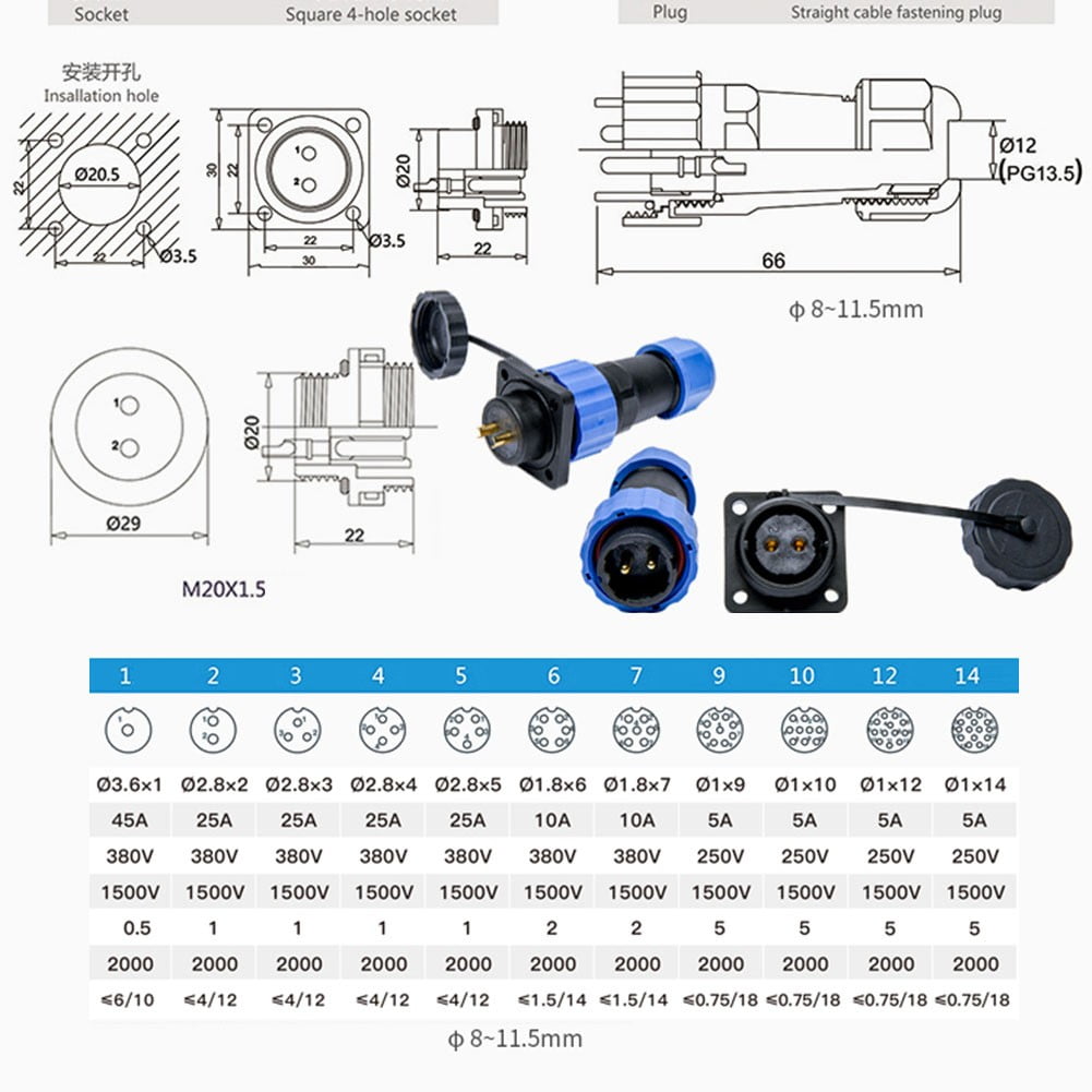 Sp20 Square Panel Mount Ip68 Waterproof & Socket Circular Connector 2 ...