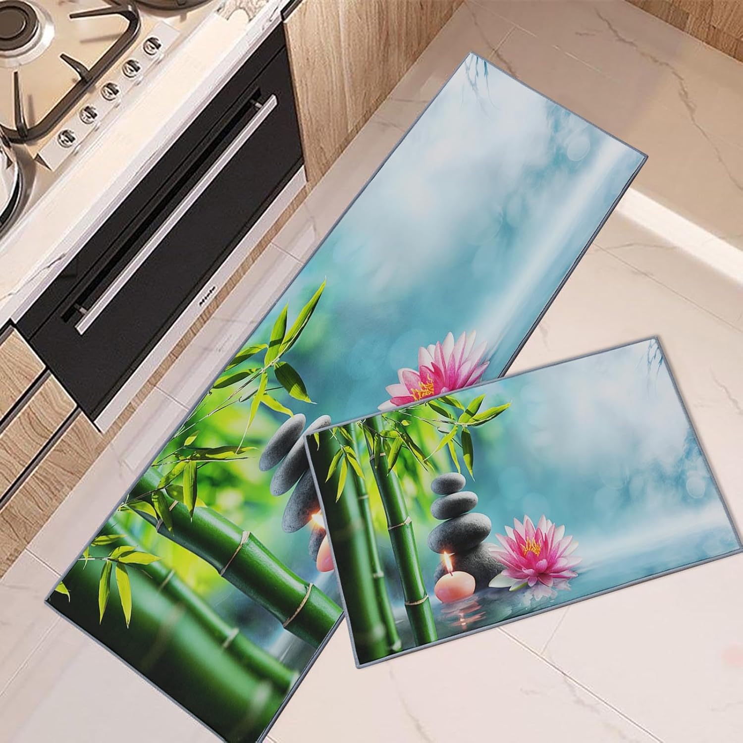 Spa Bamboo Kitchen Rugs and Mats Non Skid Washable Set of 2, Green ...