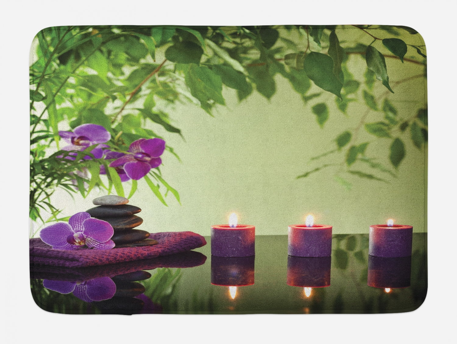 Spa Bath Mat, Zen Stones Aromatic Candles and Orchids Blooms Treatment Vacation, Non-Slip Plush ...