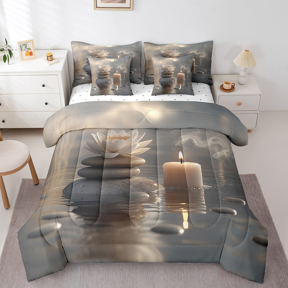 Spa Bed In A Bag Woman Men White River Flowers Queen Bedding Set for ...