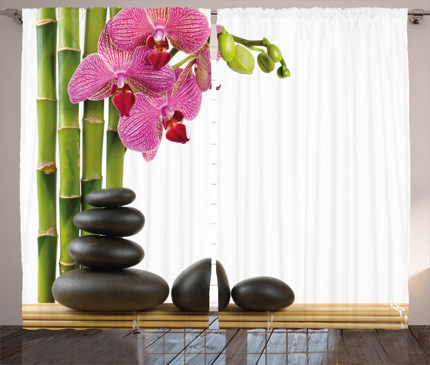 Ambesonne Spa Themed Curtains 2 Panel Set, Pink Orchid and Stones, 108 ...