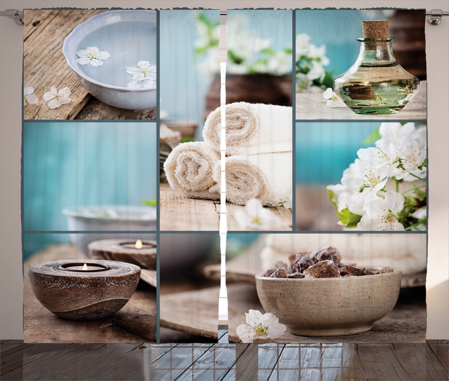 Ambesonne Spa Curtains 2 Panel Set, Collage Flowers, 108" x 84", Blue ...