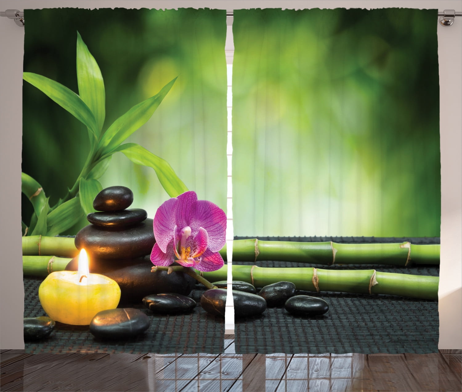 Ambesonne Spa Themed Curtains 2 Panel Set, Orchid Leaves and Rocks, 108 ...