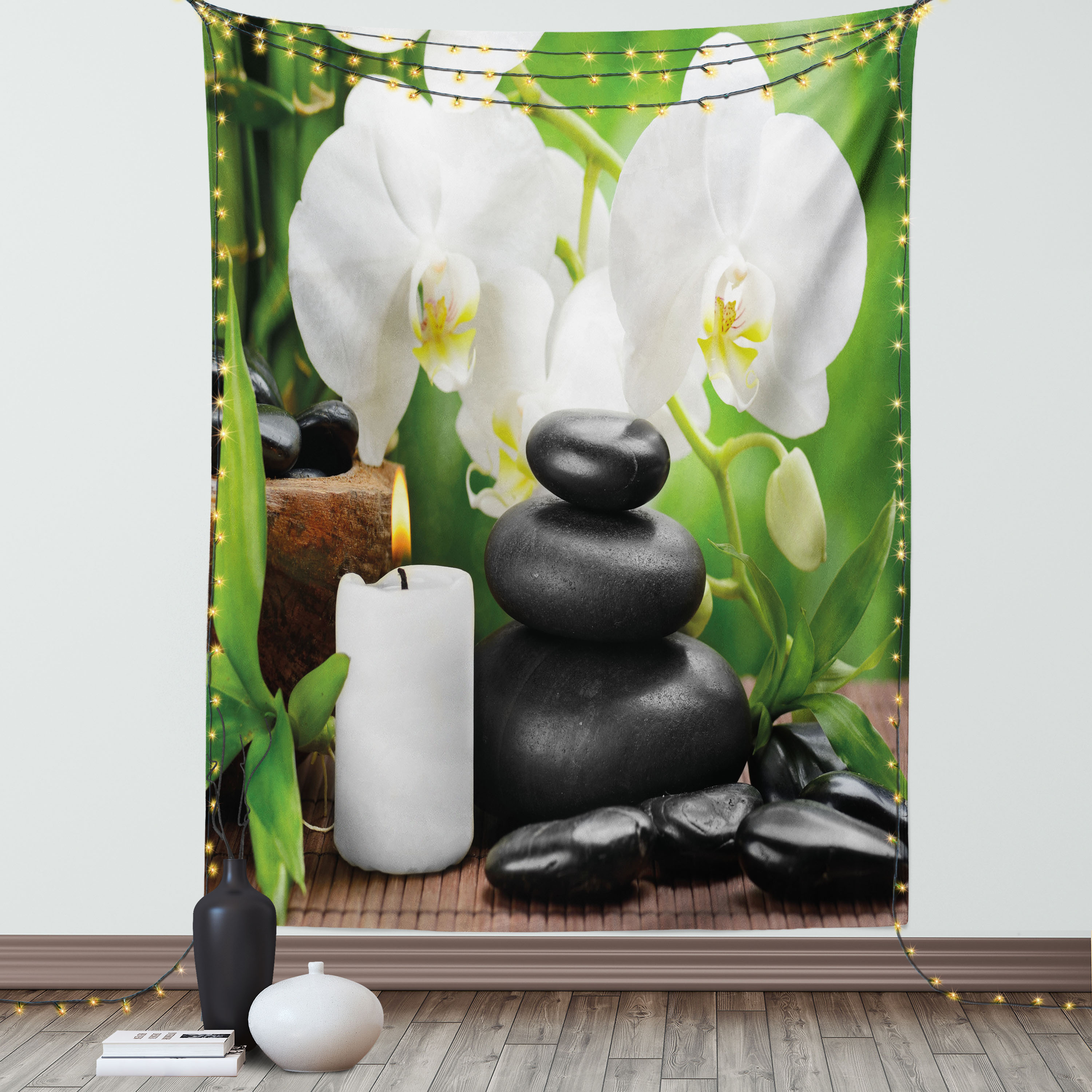 Spa Decor Tapestry, Zen Hot Massage Stones with Orchid Candles and ...