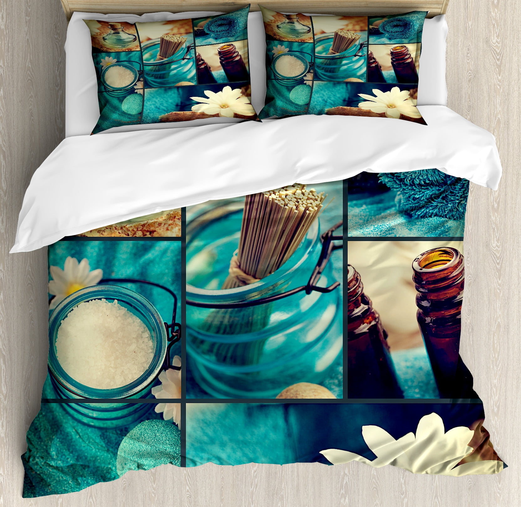 Spa Duvet Cover Set, Blue Themed White Daisies Scents Towels and ...