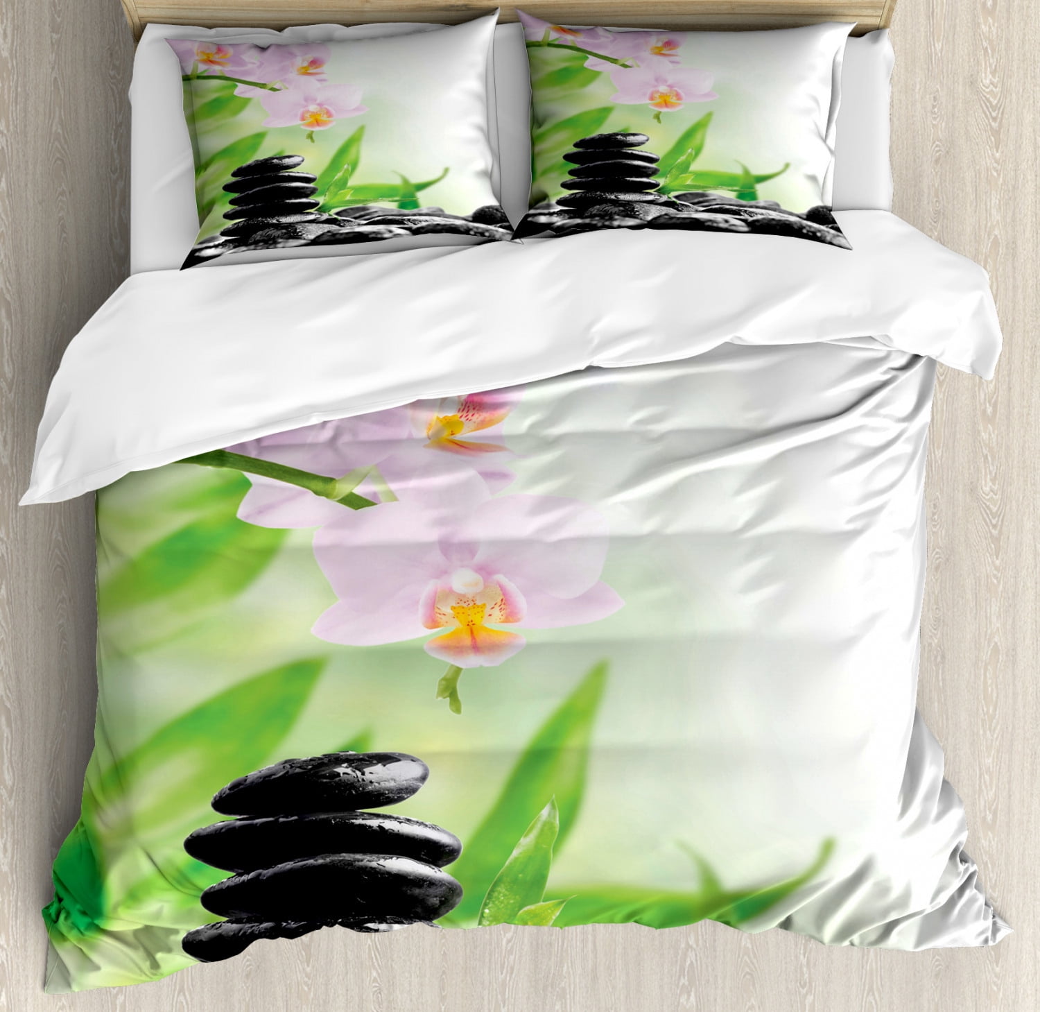 Spa Duvet Cover Set King Size, Zen Basalt Stones and Orchid with Dew ...