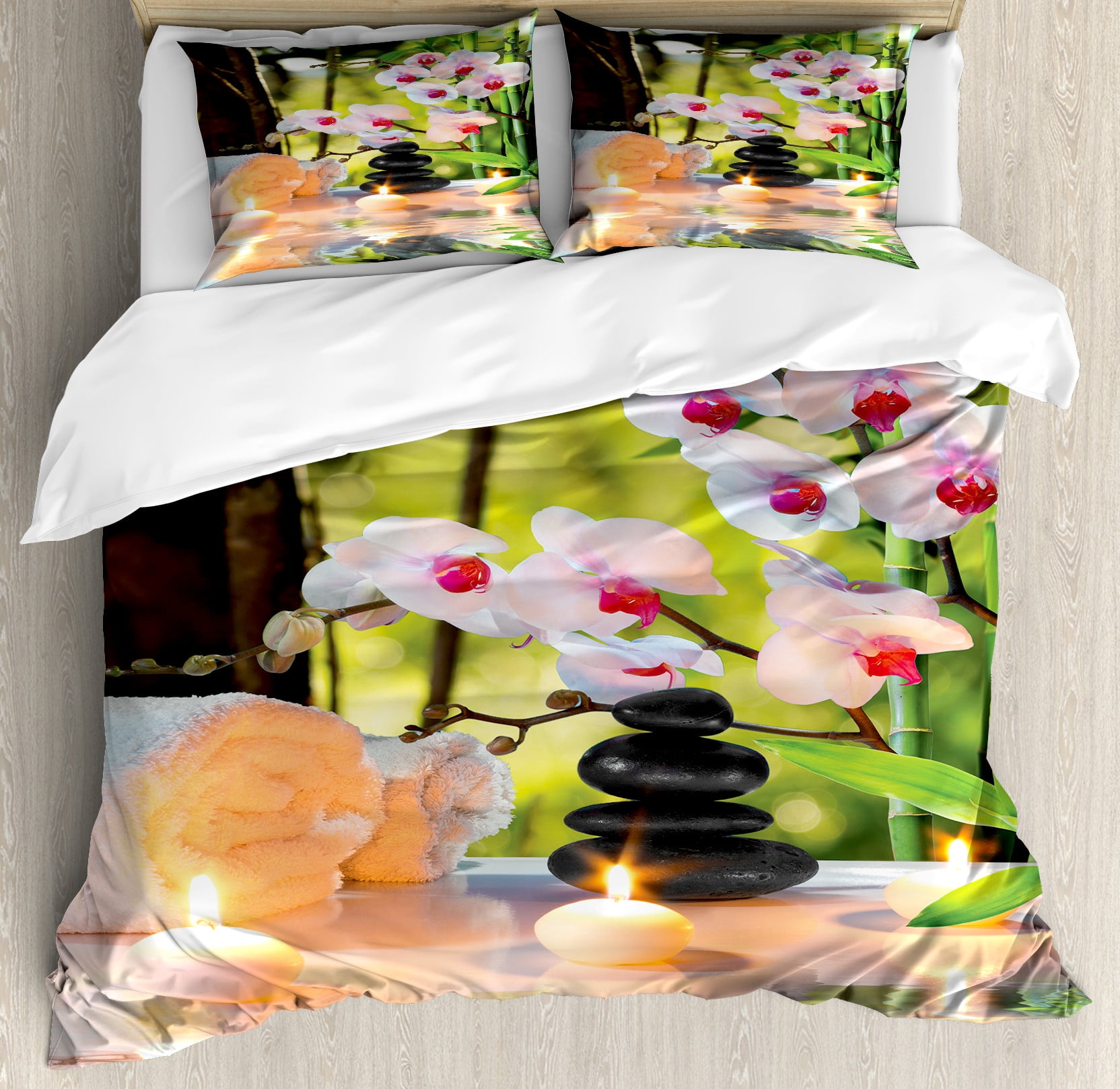 Spa Duvet Cover Set, Massage Theme Candles Orchids and Stones in Garden ...