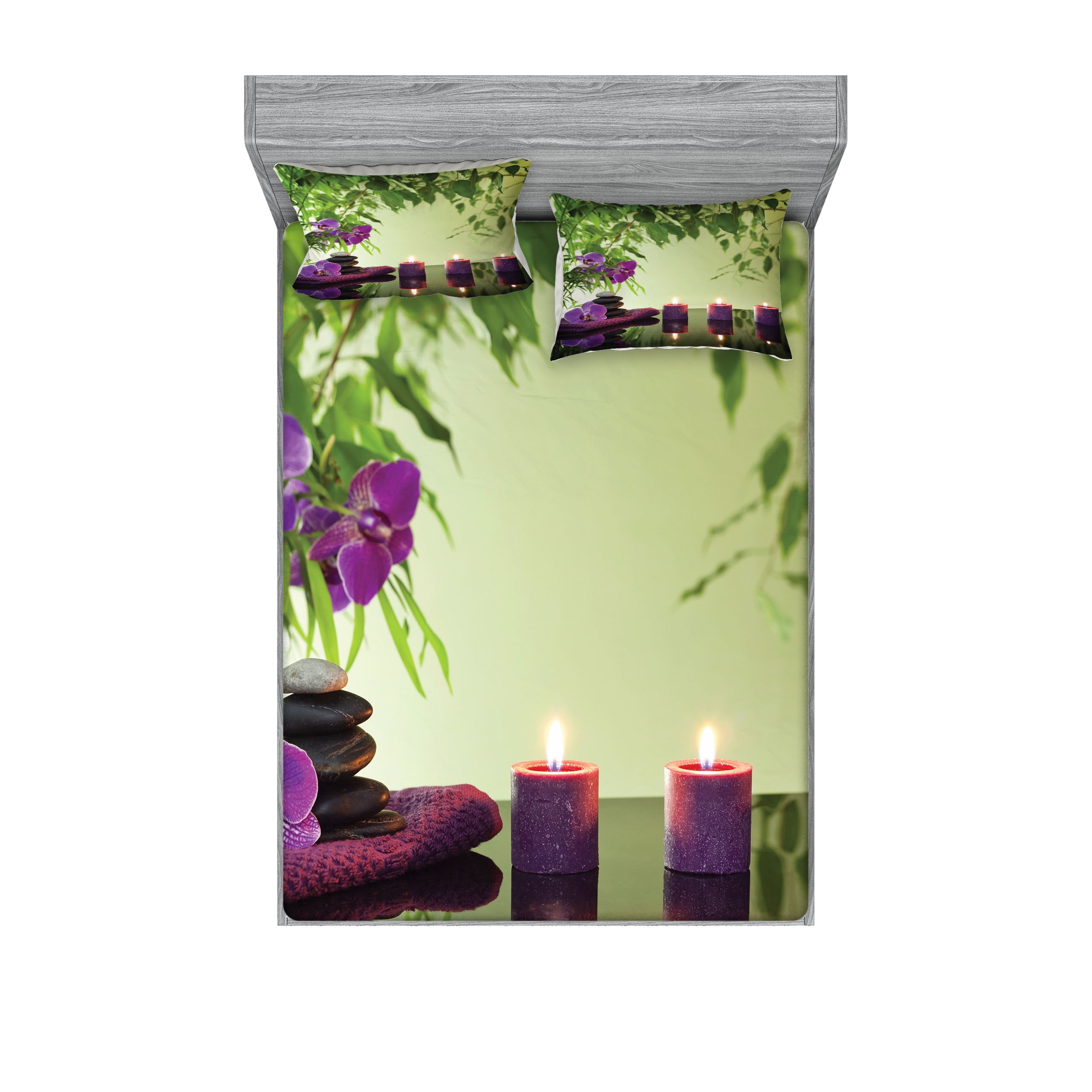 Spa Fitted Sheet & Pillow Sham Set, Stones Aromatic Candles and Orchids ...