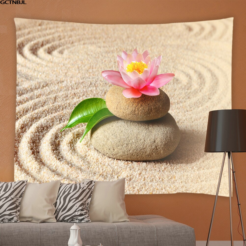 Spa Floral Tapestry Wall Hanging Decor Lotus Bamboo Stems Stones Garden ...