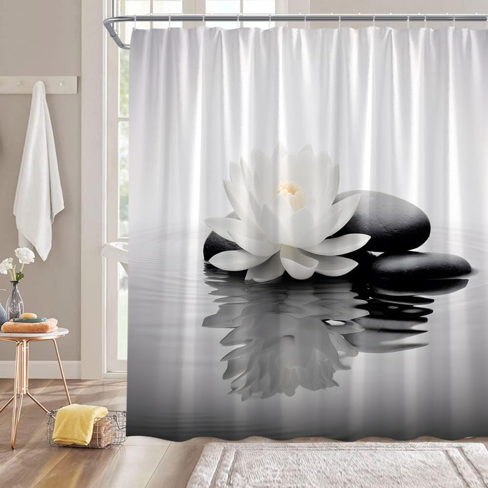 Spa Lotus Shower Curtain White Lotus Flower Gray Stones Water Lily ...