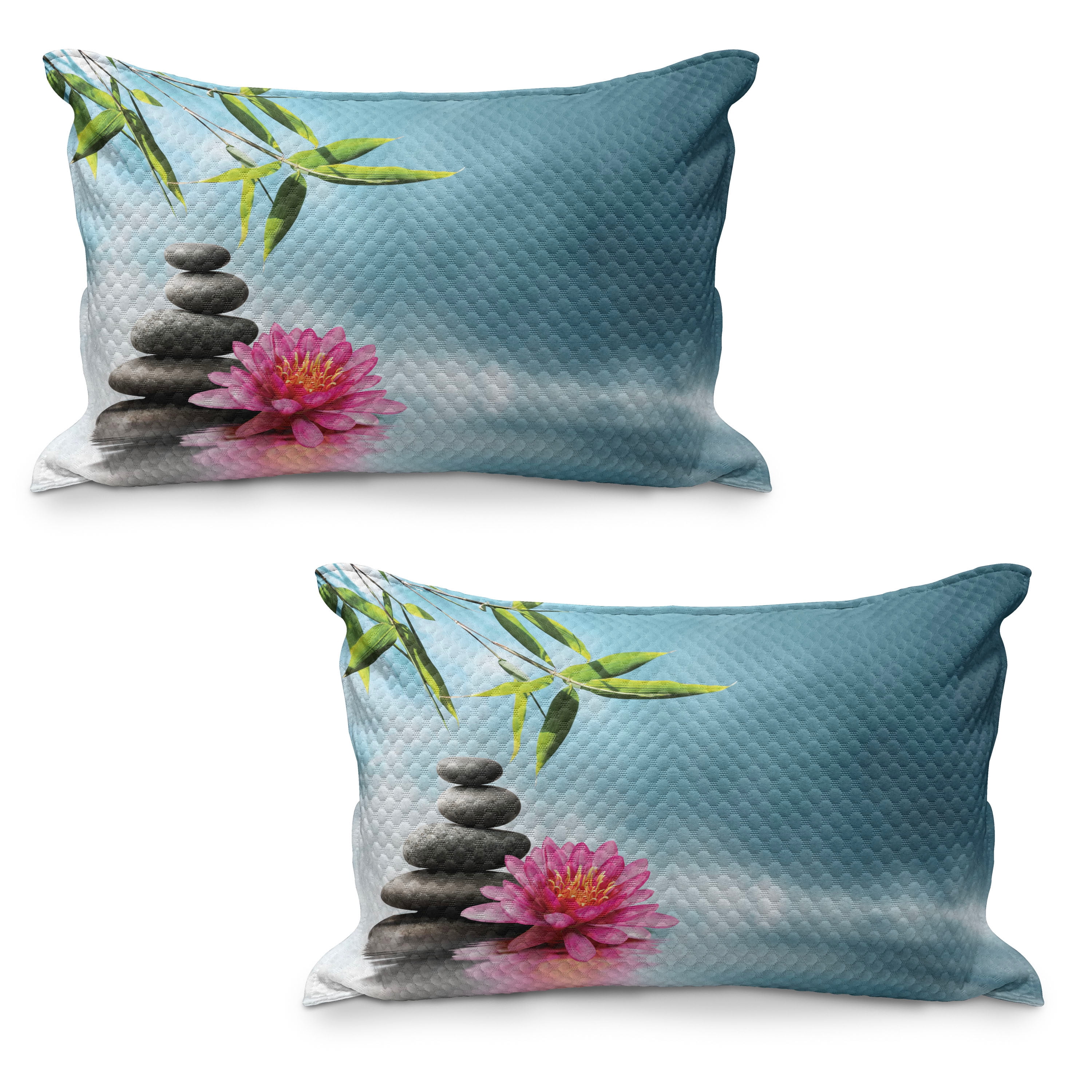 Spa Quilted Pillowcover Set of 2, Theme Lily Lotus Flower and Rocks ...