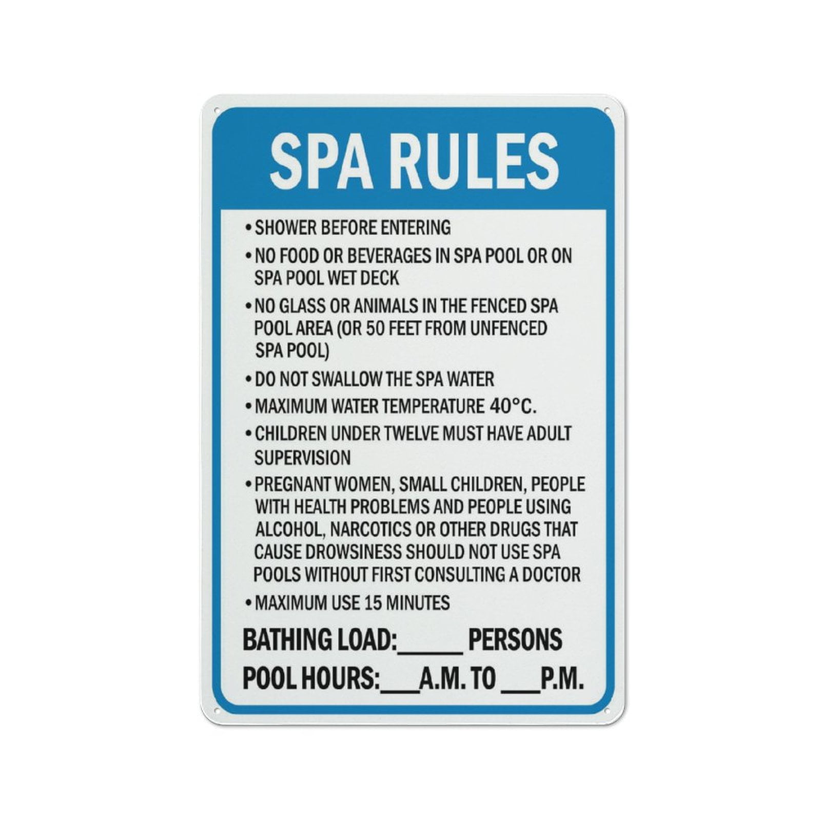 Spa Rules Sign 12 X 8 Inch Metal Sign, Rustproof Aluminum, Multicolor ...
