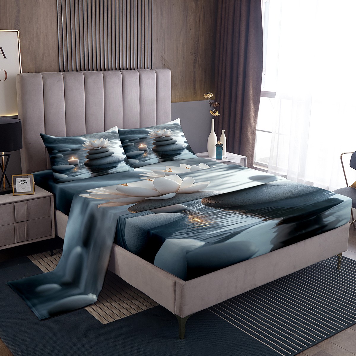 Spa Sheet Set Stone Pattern King Sheets Woman Plain White Flowers River ...