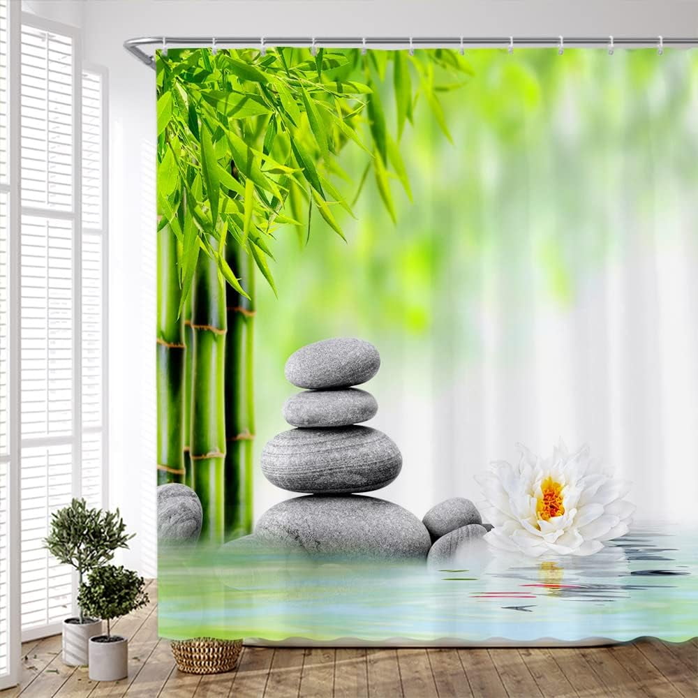 Spa Shower Curtain Green Bamboo Zen Stone Lotus Flower Japanese Art ...