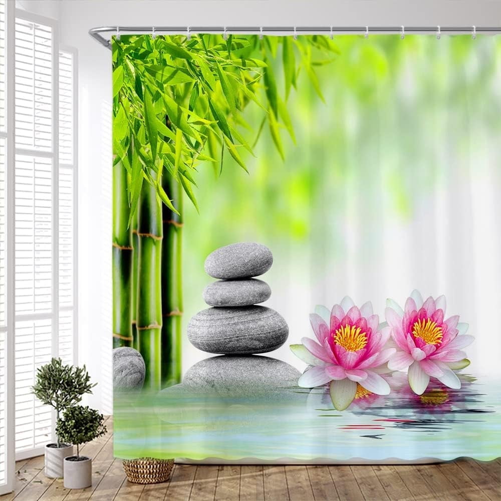 Spa Shower Curtain Green Bamboo Zen Stone Lotus Flower Japanese Art ...