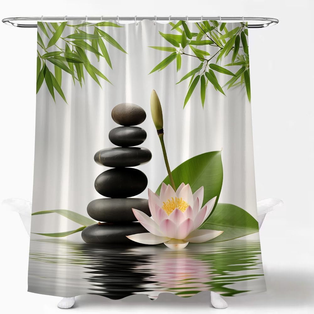 Spa Shower Curtain Pink Flower, Green Bamboo, Black Stones, Water Lily ...