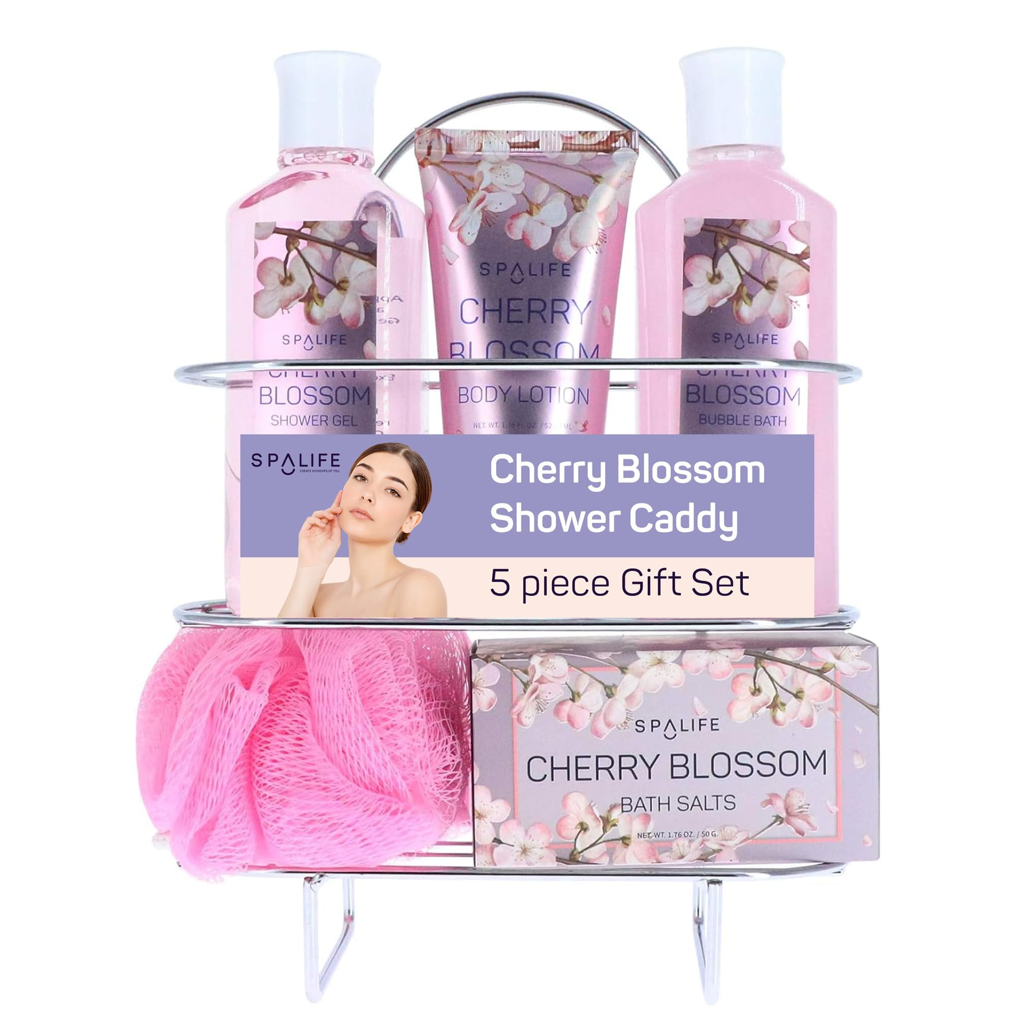 SpaLife Cherry Blossoms Gift AKF18 Set - 5-Piece Bath Caddie, Bubble ...