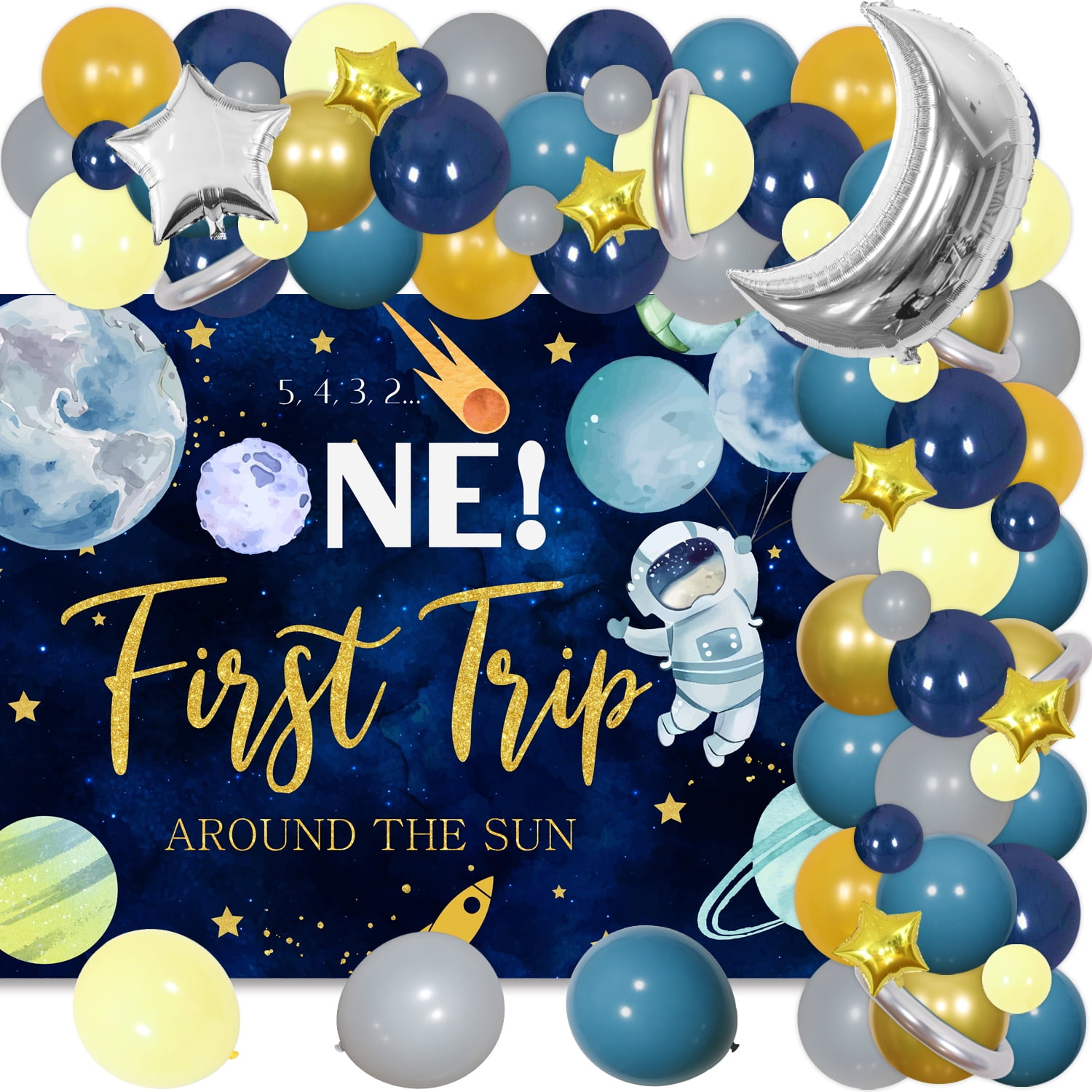 Space 1st Birthday Party Decorations,5432 One First Trip Around the Sun Background，Blue Gold ...