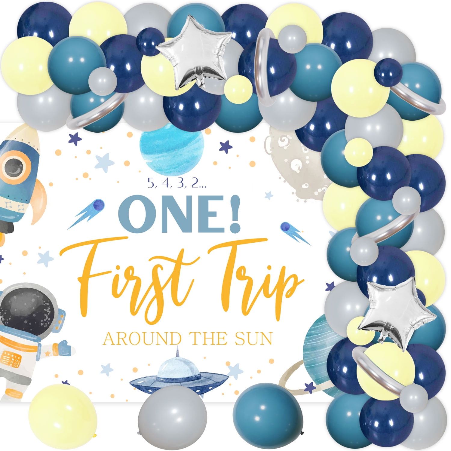 Space 1st Birthday Party Decorations,5432 One First Trip Around the Sun Background，Blue Theme ...