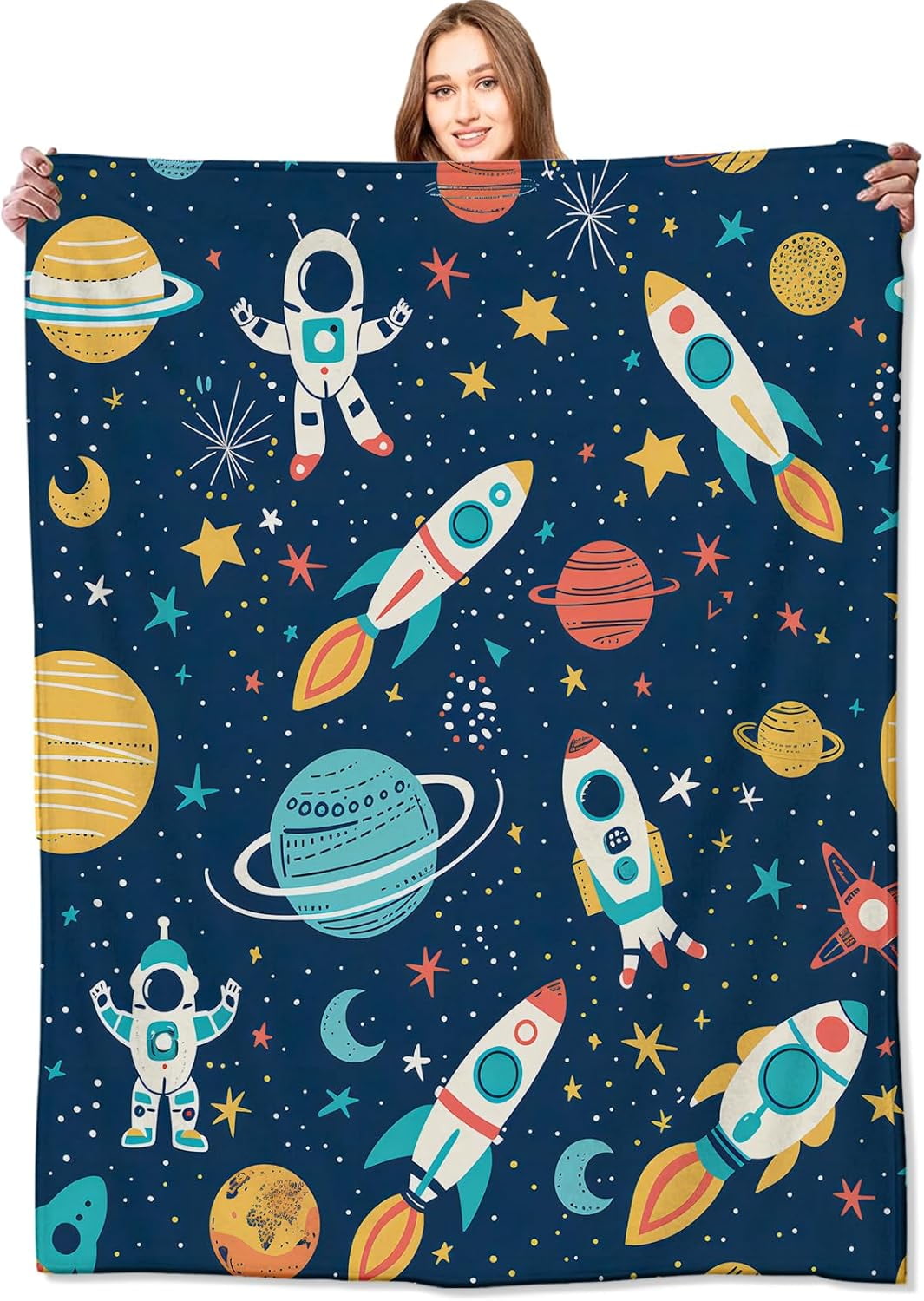 Space Adventure Blanket Cute Fun Rocket, Astronaut, and Planet Throw ...