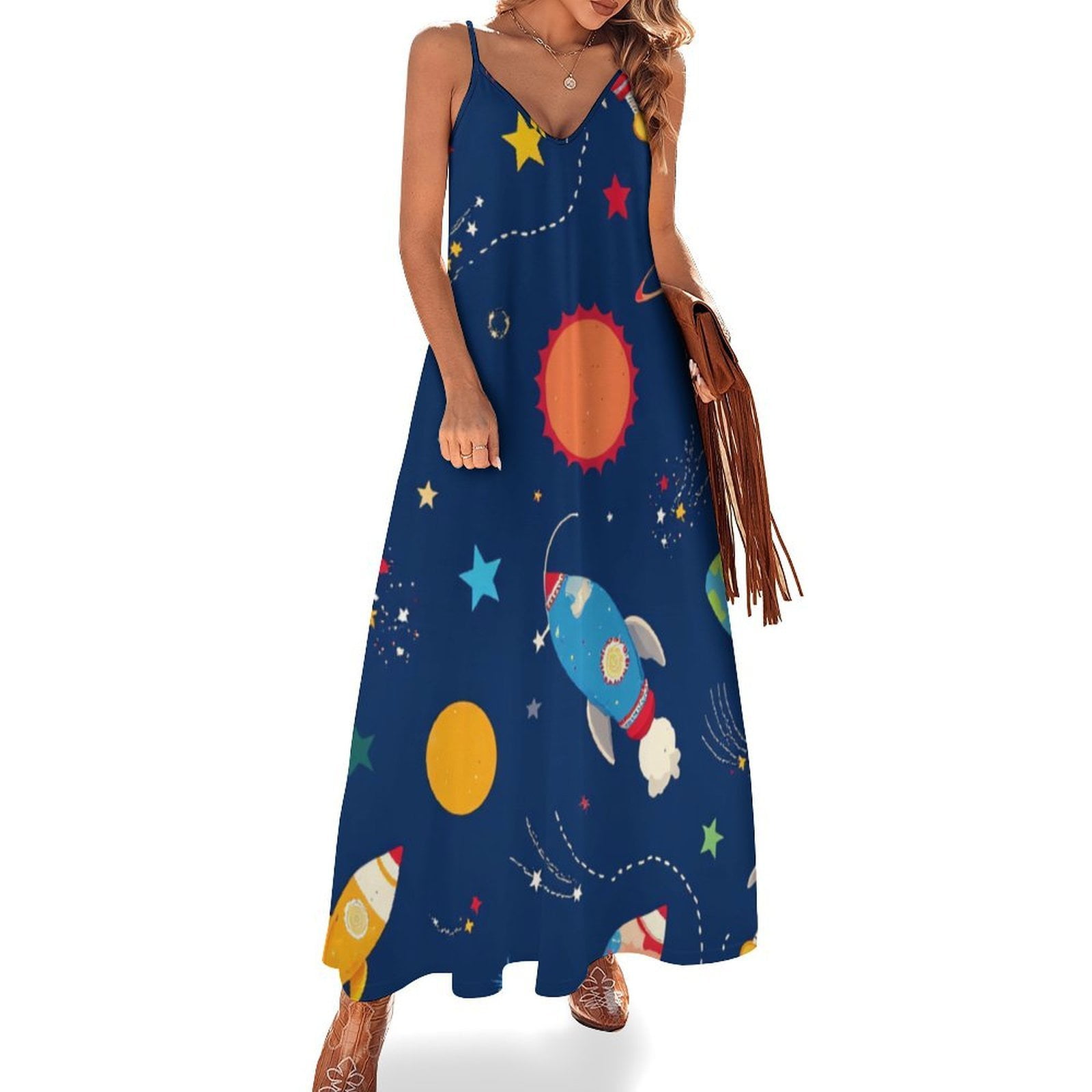 Space Adventure Rockets Planets Design Sleeveless Dress Woman Fashion ...