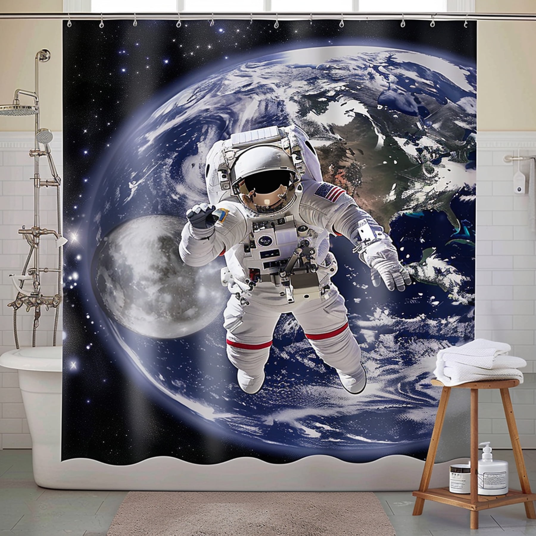 Space Adventure Shower Curtain Astronaut Floating in Realistic Earth ...