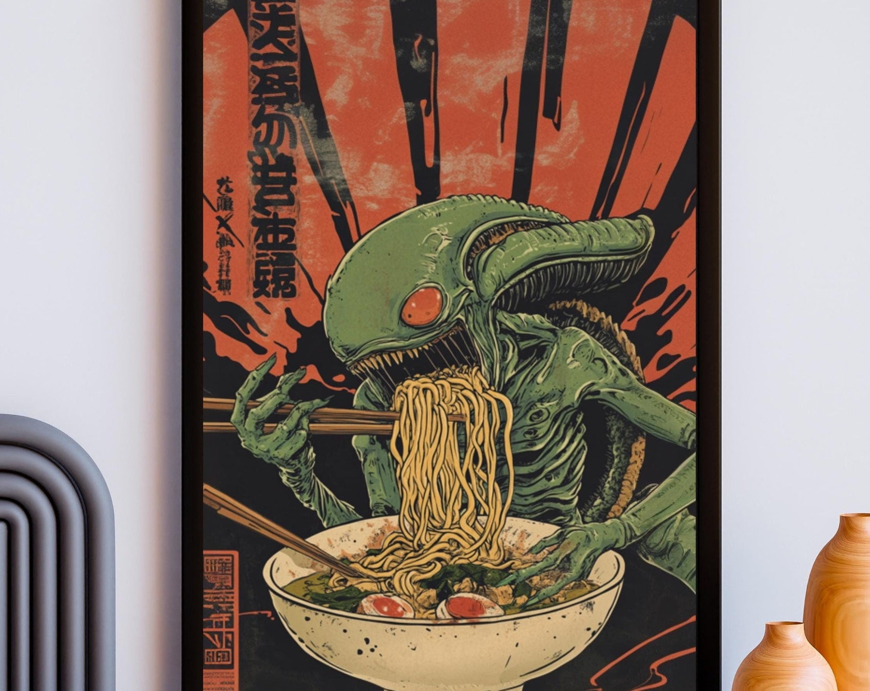 Space Alien Eating Ramen Retro Poster UFO Wall Art Space Ramen Noodles ...