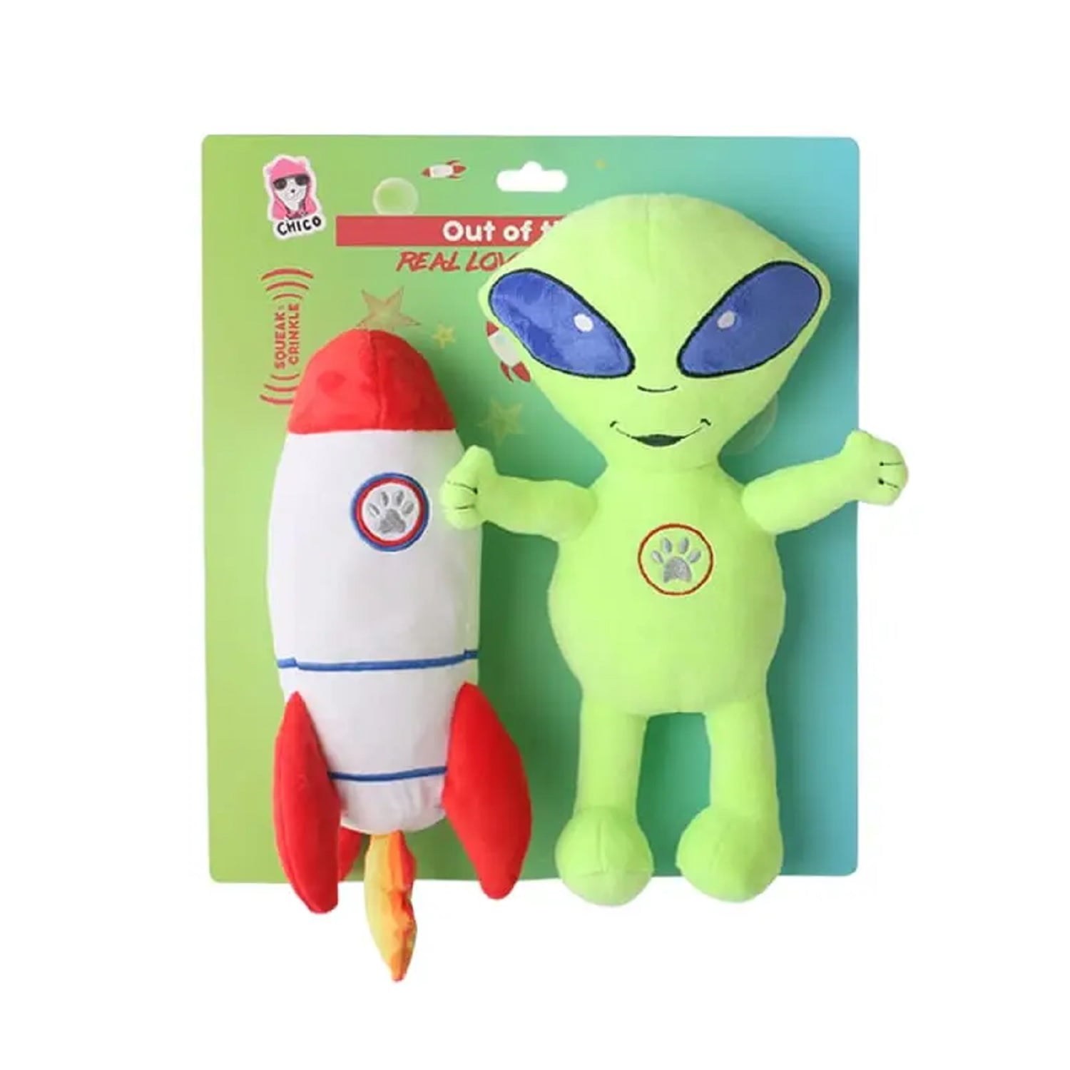 Space Alien & Rocket Plush Dog Toy Gift Set – with Squeaker & Crinkle ...