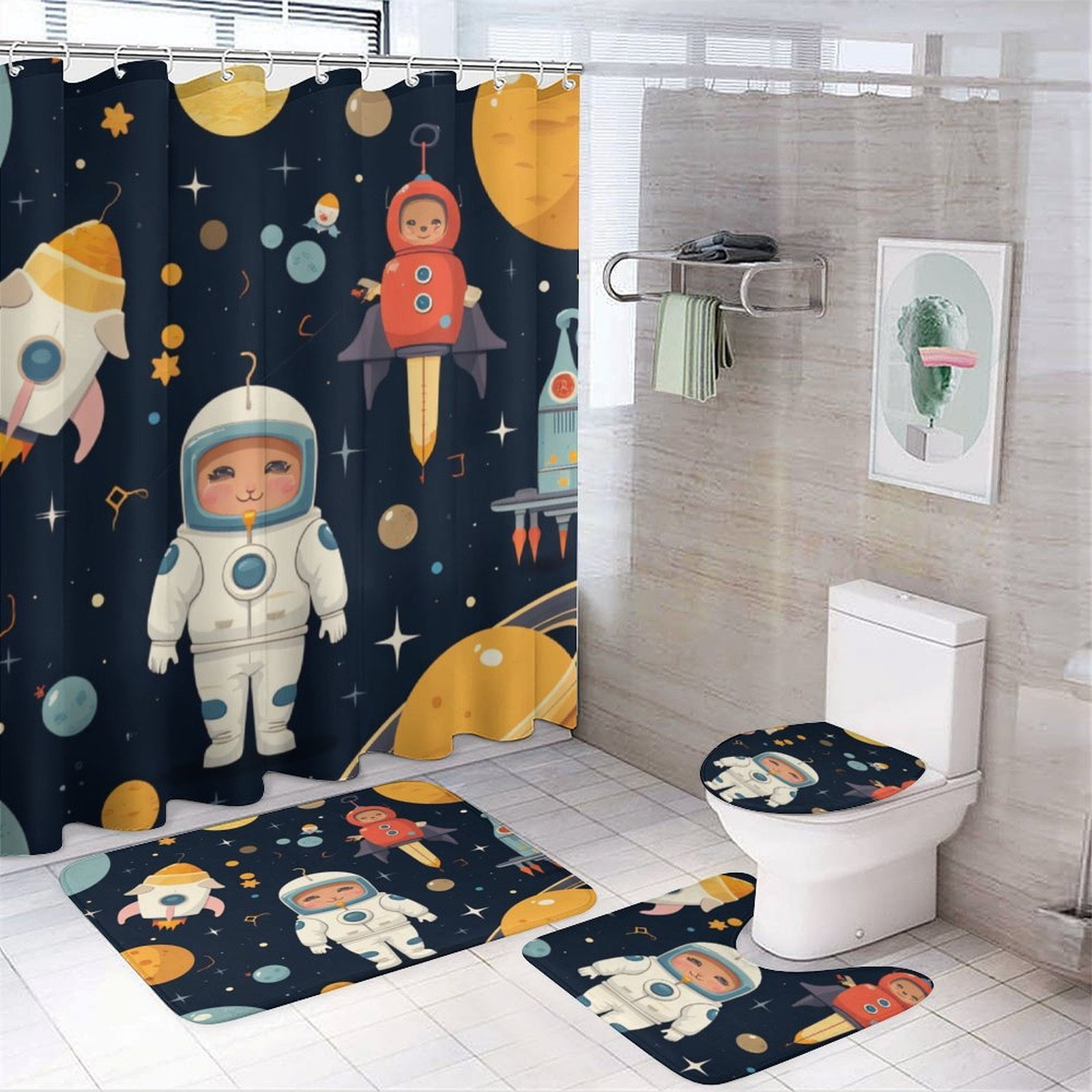 Space Astronaut Adventure Shower Curtain Set Modern Bathroom Decor Mats ...