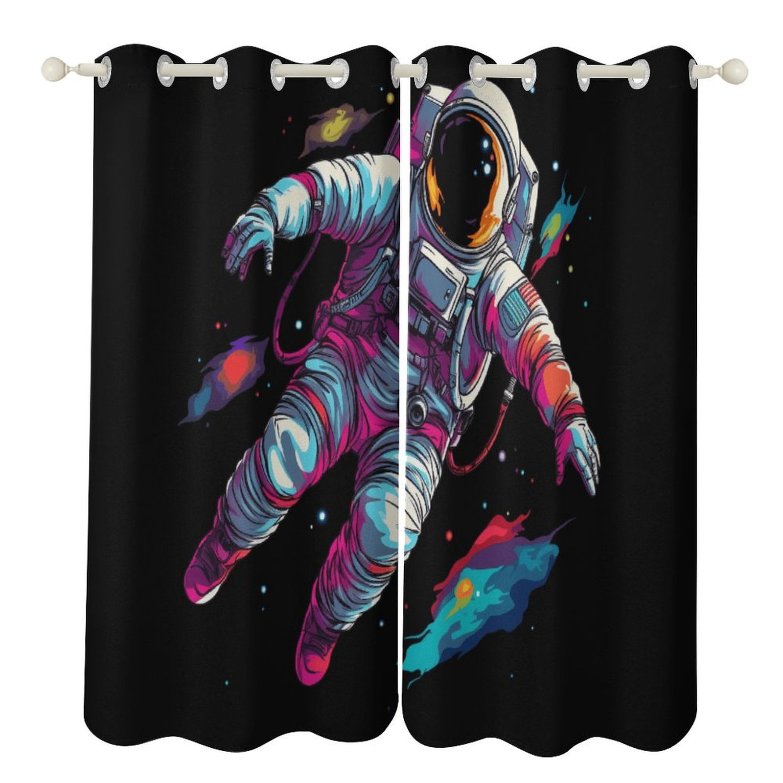 Space Astronaut Cartoon 2 Panel Curtain Set, Watercolor Painting Window ...