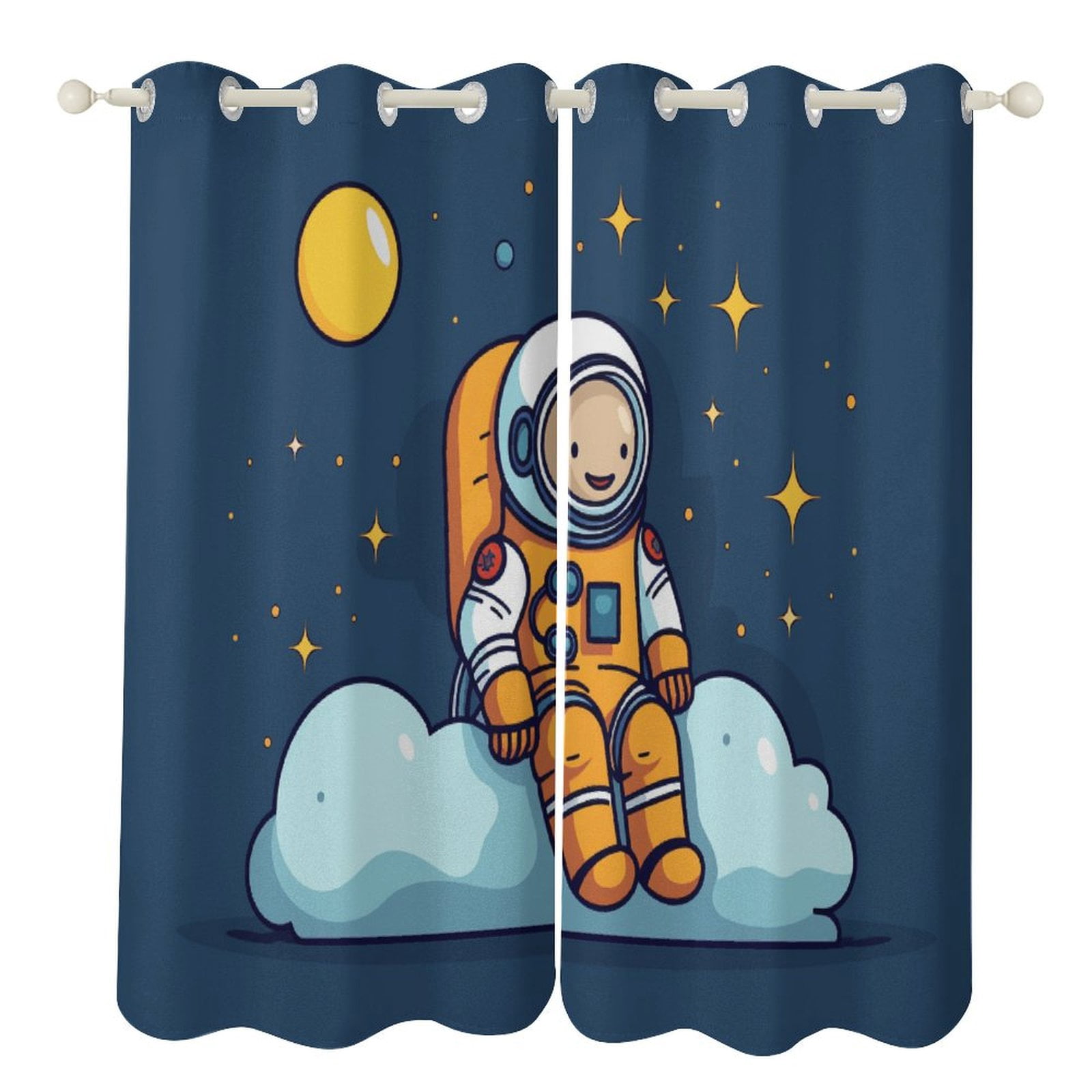 Space Astronaut Cartoon 2 Panel Curtain Set, Watercolor Painting Window ...