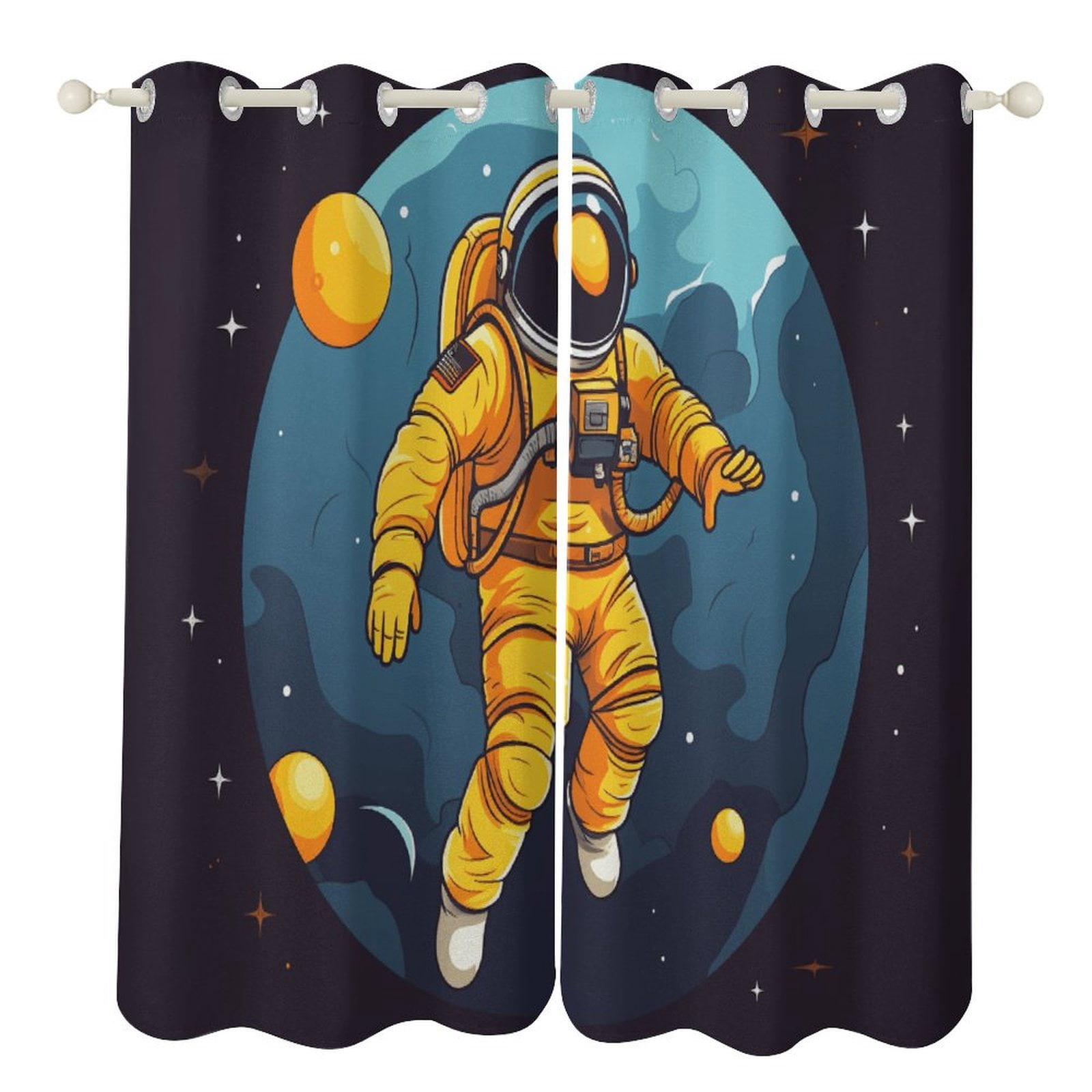 Space Astronaut Cartoon 2 Panels 3D Printing Pattern Curtain for ...