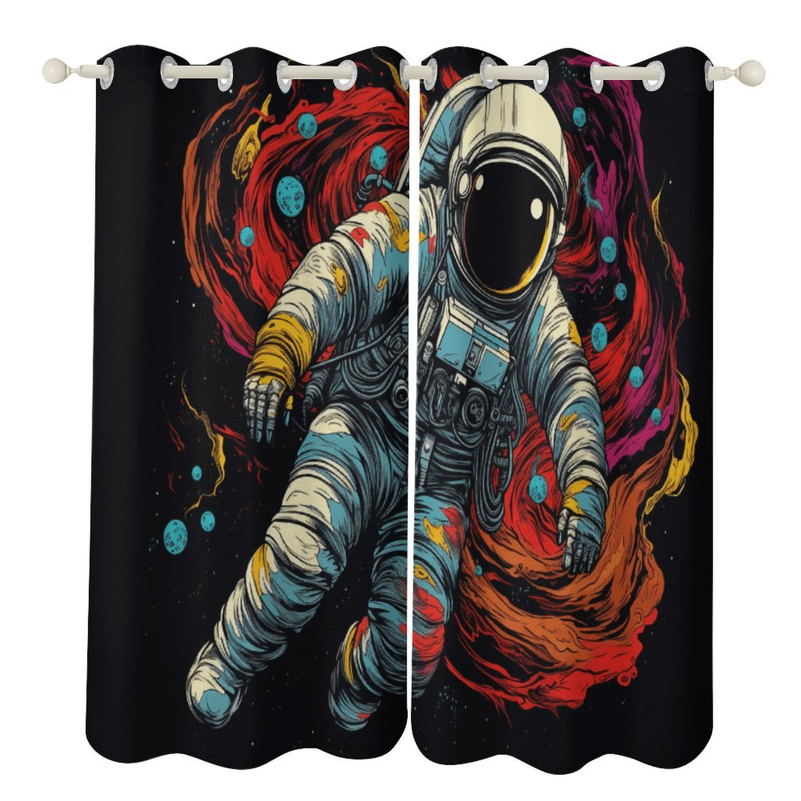 Space Astronaut Cartoon 2 Panels 3D Printing Pattern Curtain for ...