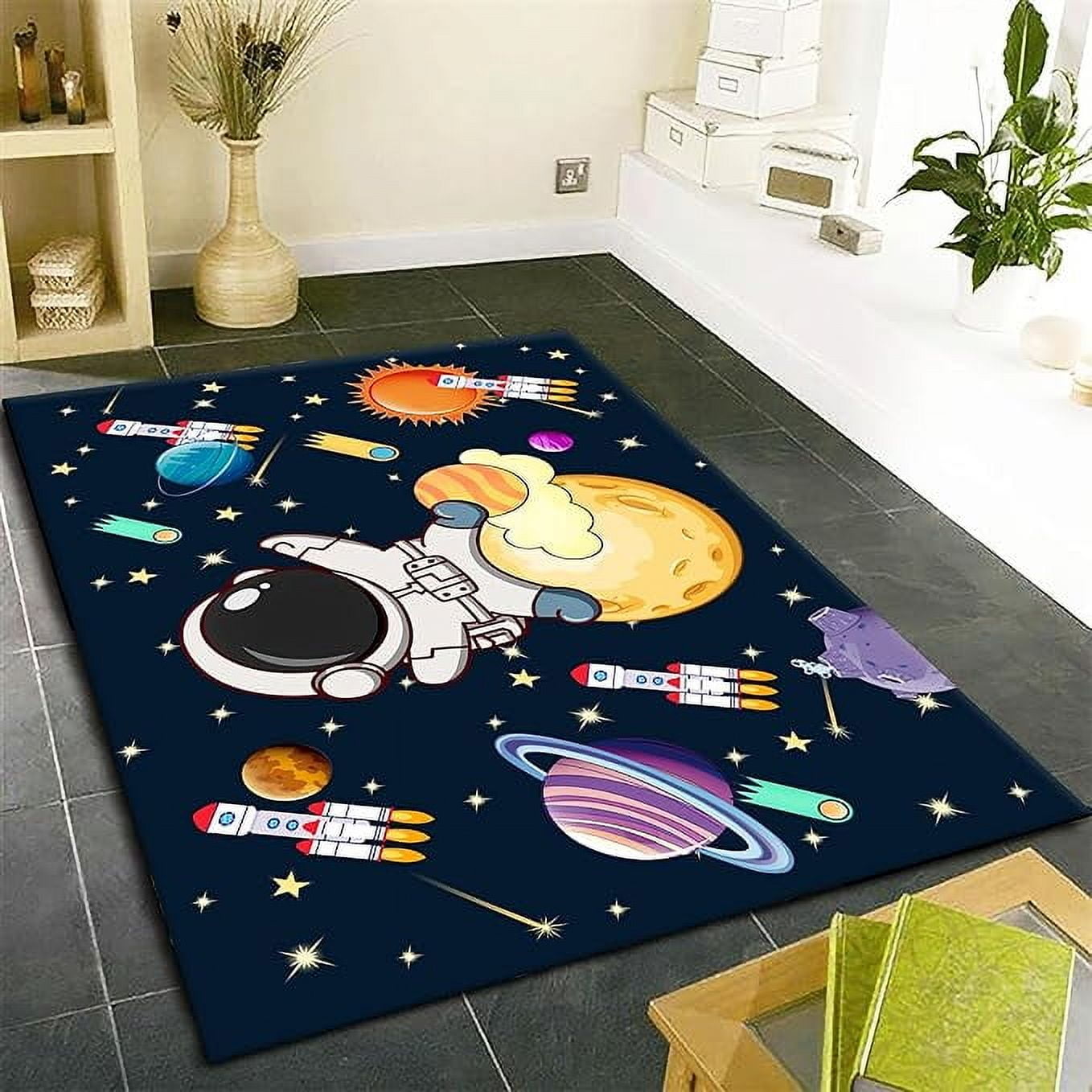 Space Astronaut Children Play Area Rug, Solar System Rocket Living Room Rug, Non-Shedding ...