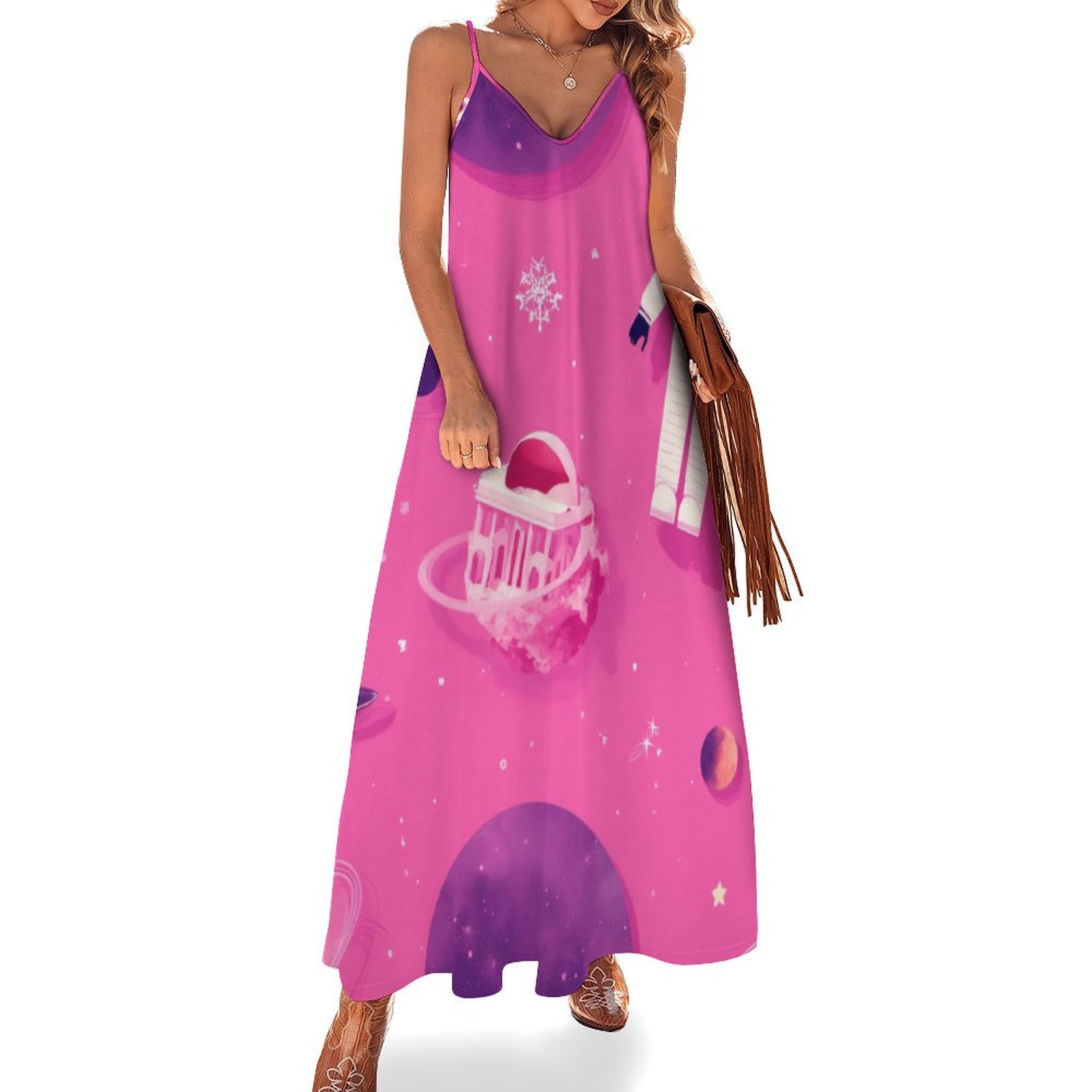 Space Astronaut Pink Planets Fine Art Sleeveless Dress Summer Dress ...
